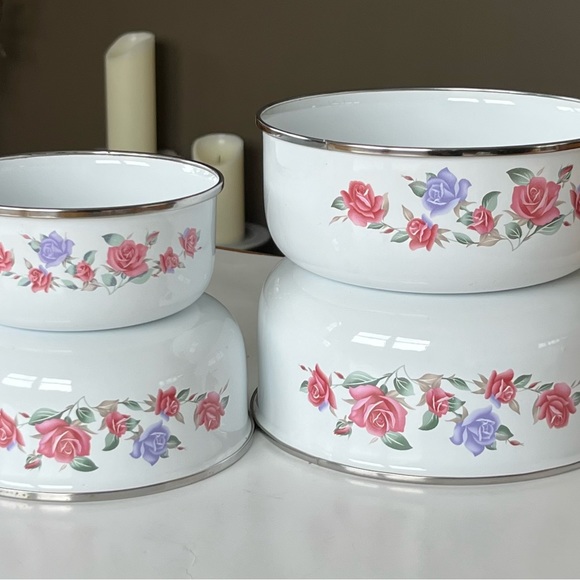 GMI | Dining | Vtg Gmi Enamelmetal Floral Nesting Potsbowls Set Of 4 ...